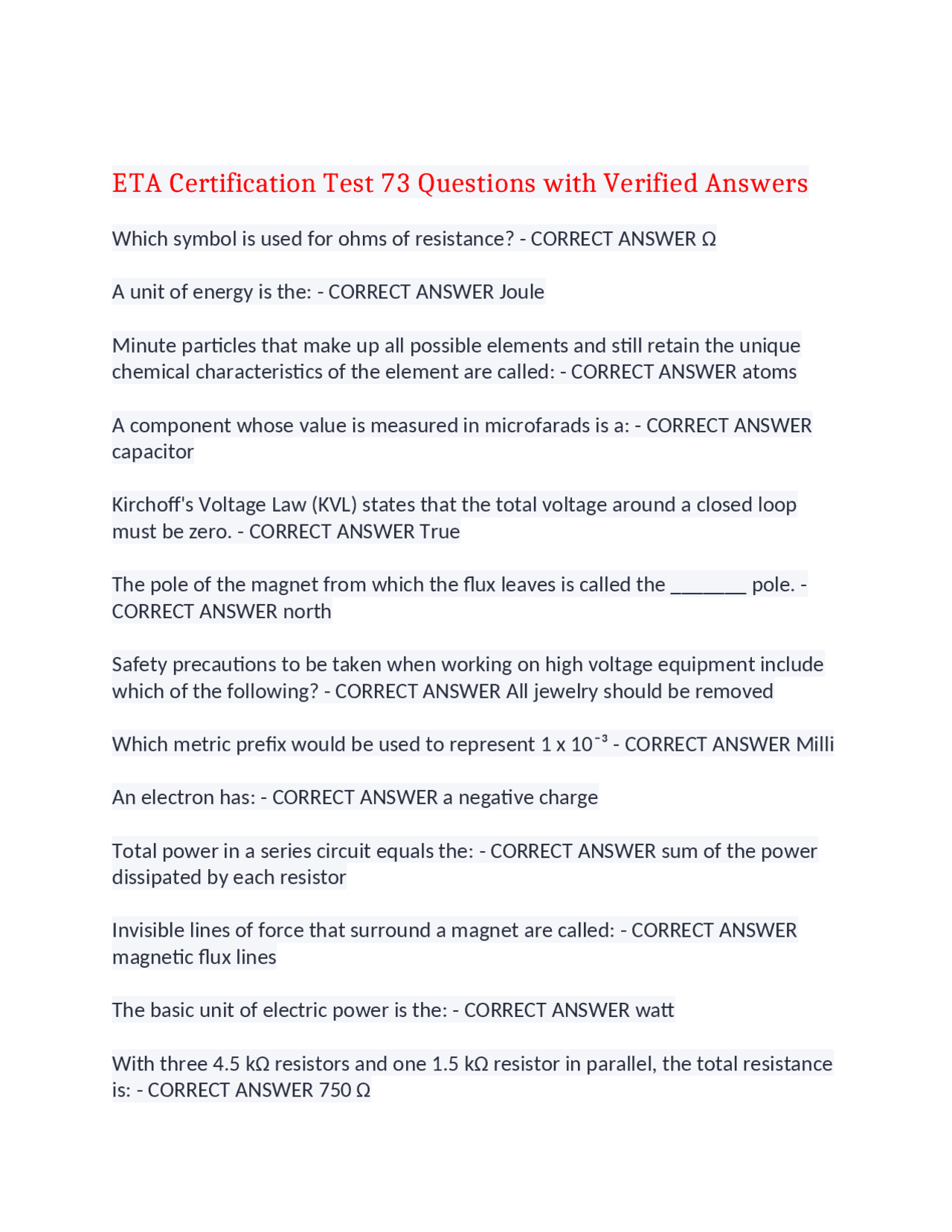 ETA Certification Test 73 Questions with Verified Answers | Exams ...