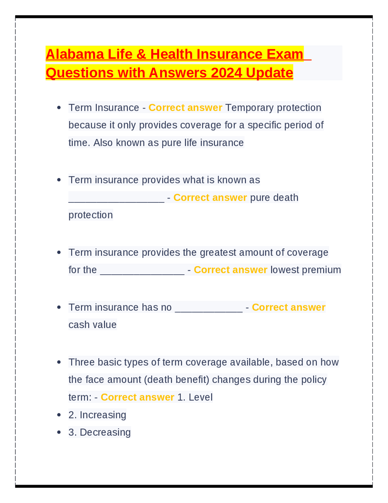 Alabama Life & Health Insurance Exam Questions with Answers 2024 Update ...