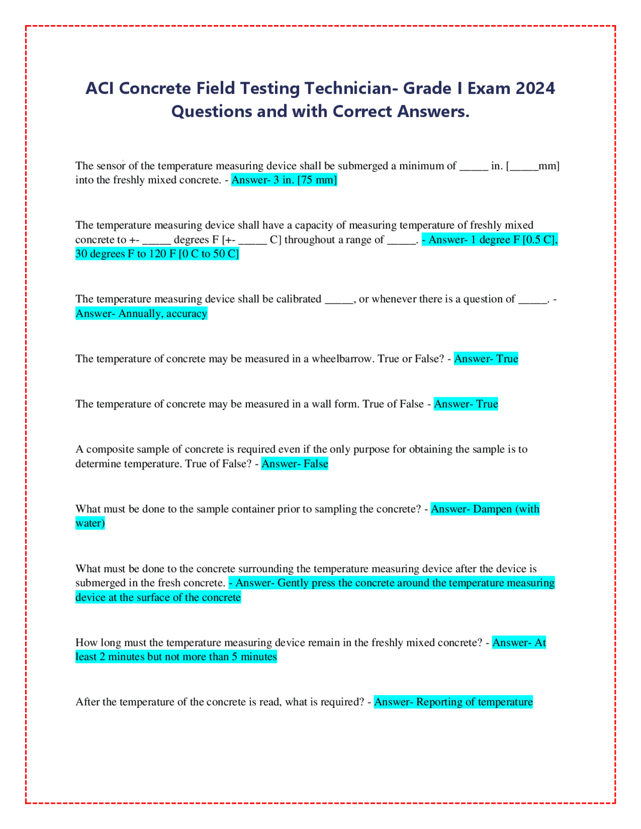 ACI Concrete Field Testing Technician- Grade I Exam 2024 Questions and ...
