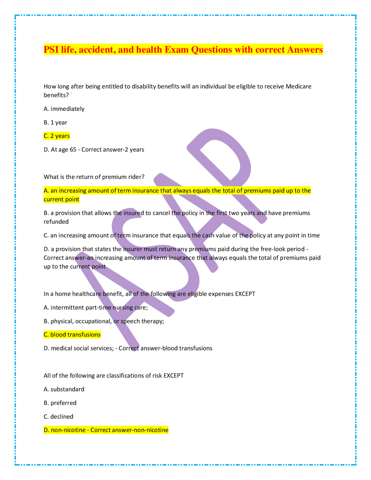 PSI life, accident, and health Exam Questions with correct Answers ...
