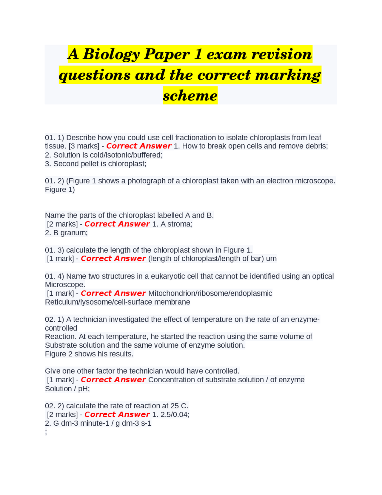 Revision Questions and Marking Scheme for Biology Paper 1 Exam | Exams ...