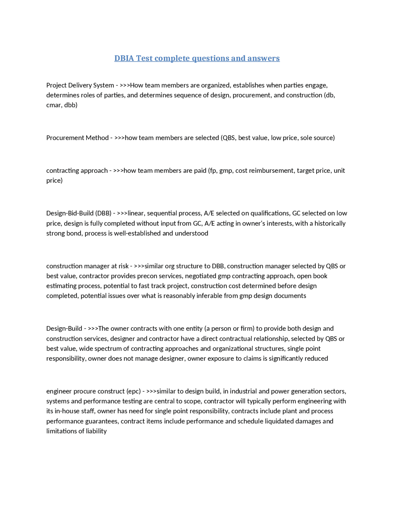 DBIA Test complete questions and answers | Exams Nursing | Docsity