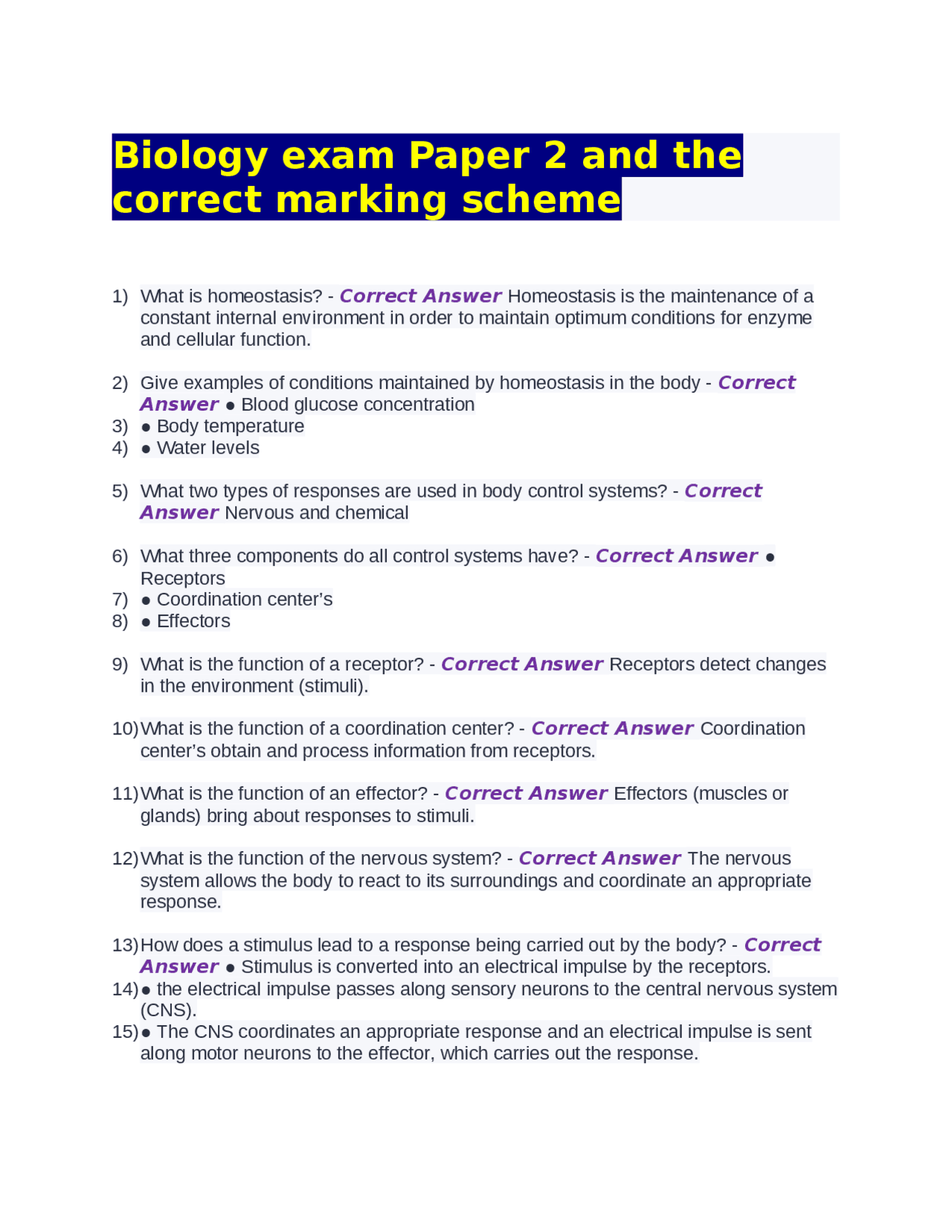 Biology Exam Paper 2 and Marking Scheme | Exams Biology | Docsity