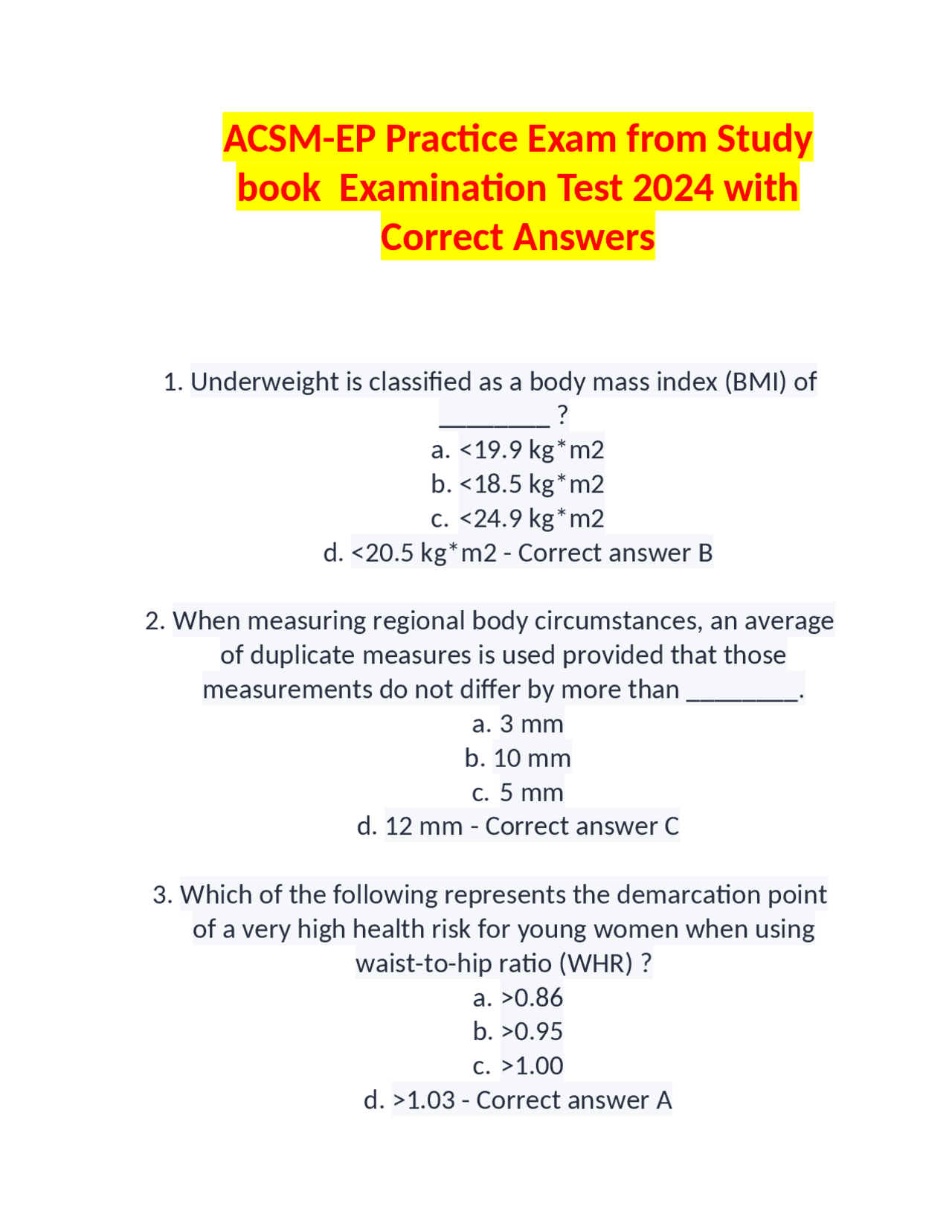 ACSM-EP Practice Exam from Study book Examination Test 2024 with ...