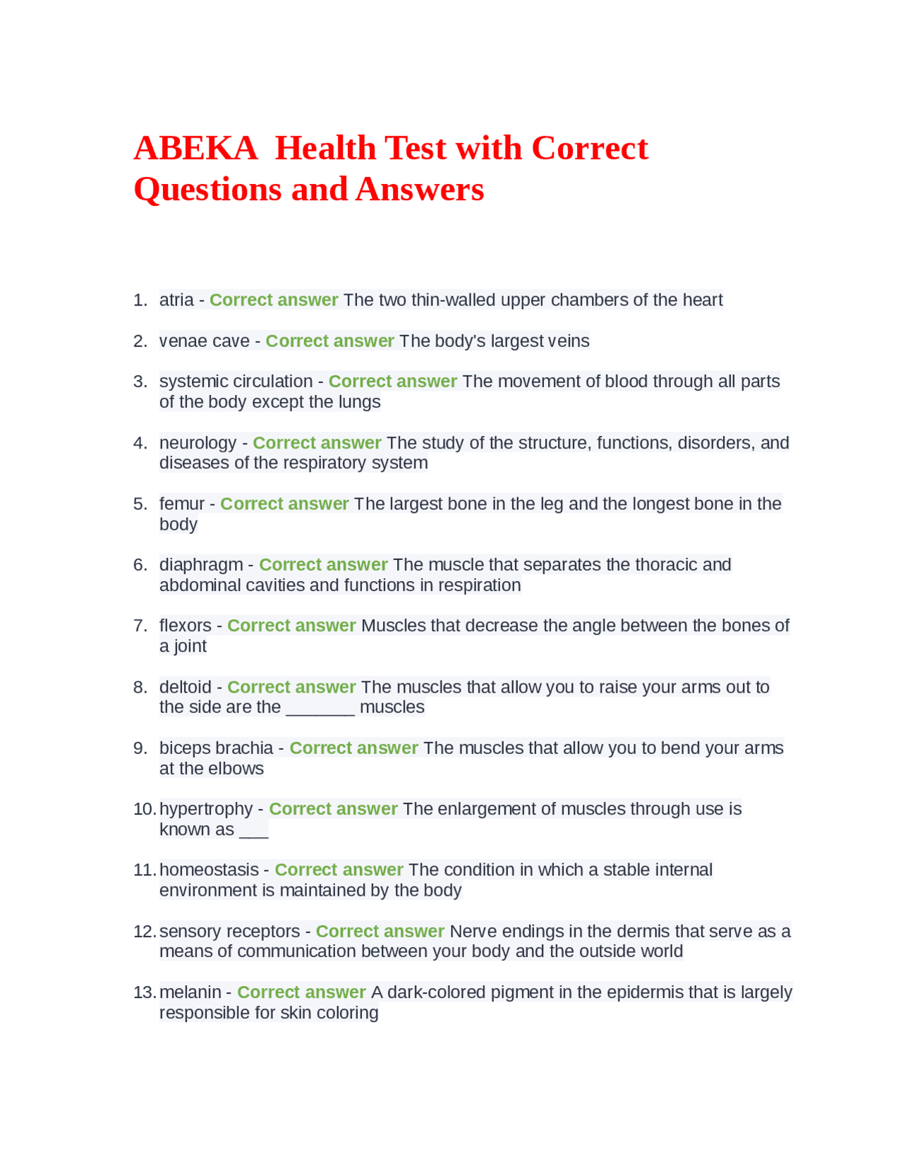 ABEKA Health Test with Correct Questions and Answers | Exams Nursing ...