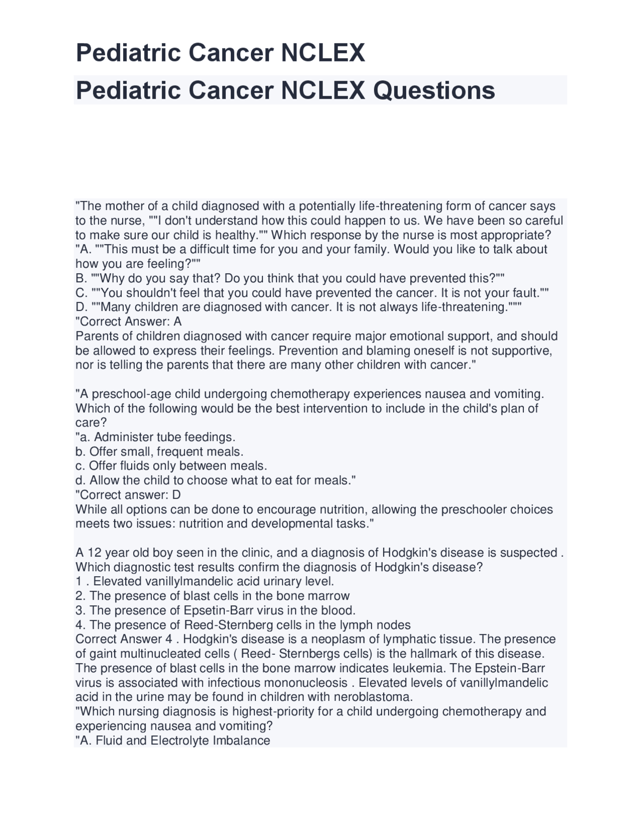 Pediatric Cancer NCLEX | Exams Pediatrics | Docsity