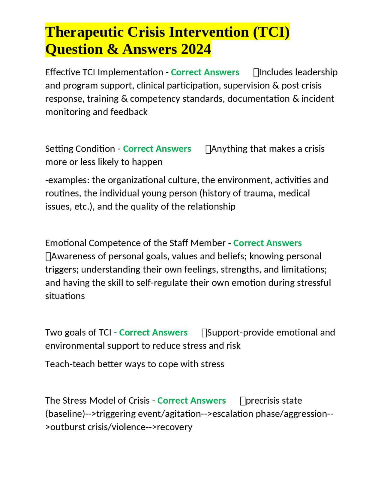 Therapeutic Crisis Intervention (TCI) Question & Answers 2024 | Exams ...