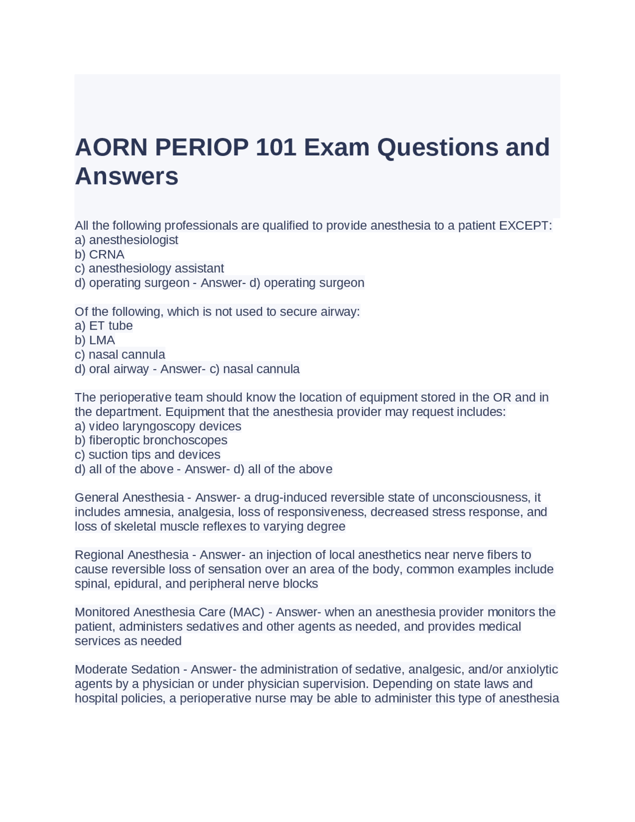 AORN PERIOP 101 Exam Questions and Answers | Exams Advanced Education ...