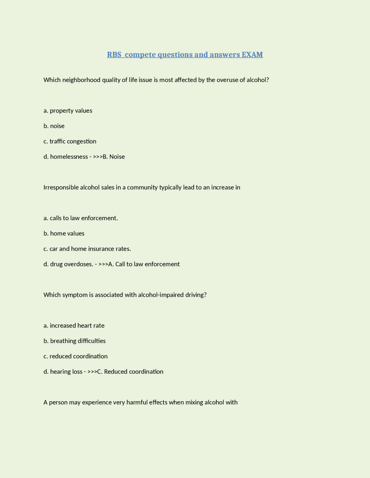 Responsible Beverage Service (RBS) Exam Questions and Answers | Exams ...