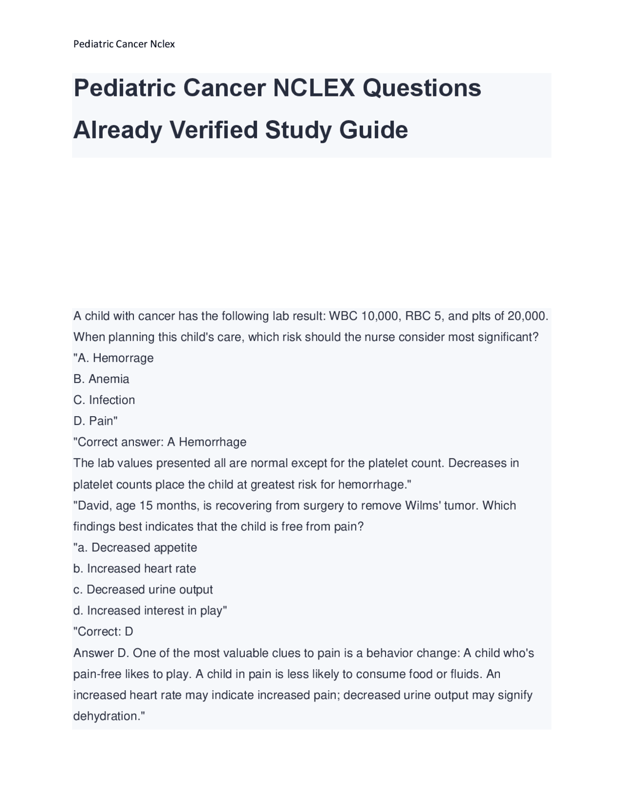 Pediatric Cancer NCLEX Questions Already Verified Study Guide | Exams ...