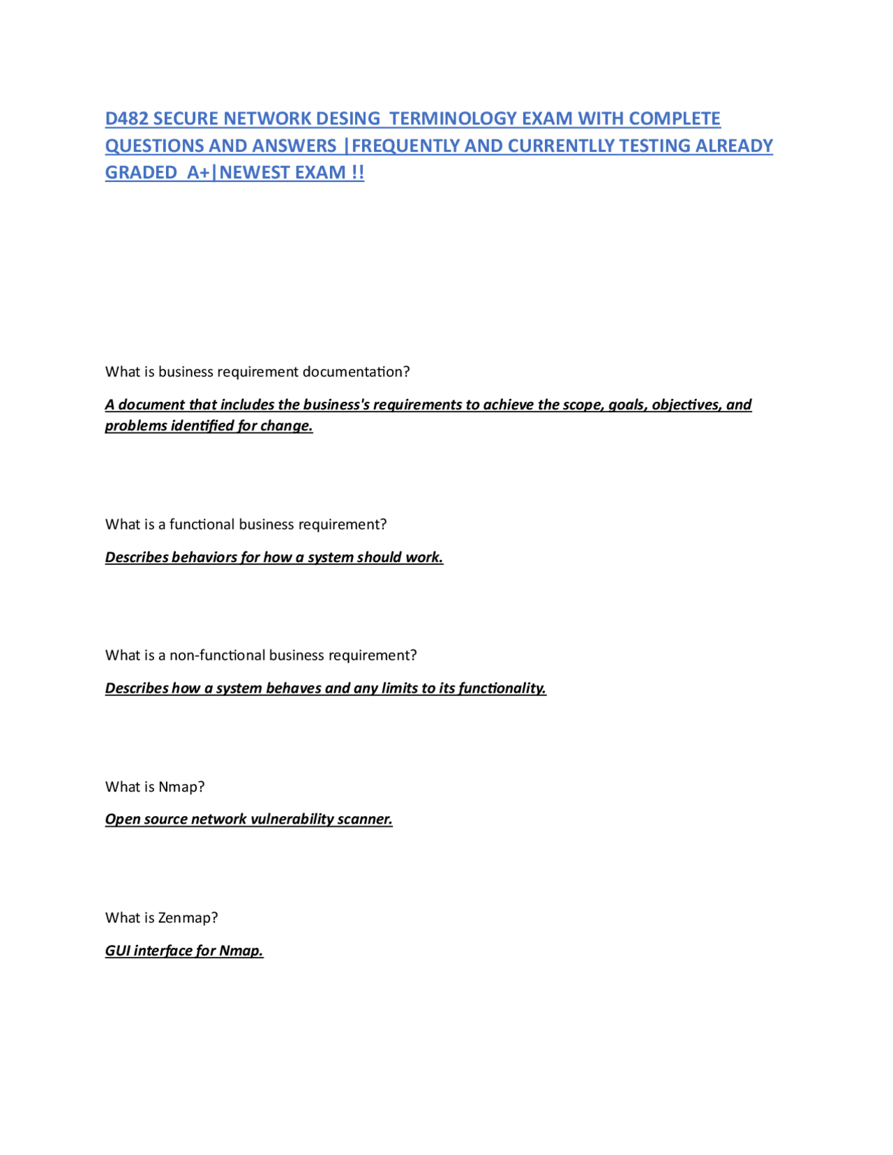 Secure Network Design Terminology Exam | Exams Nursing | Docsity