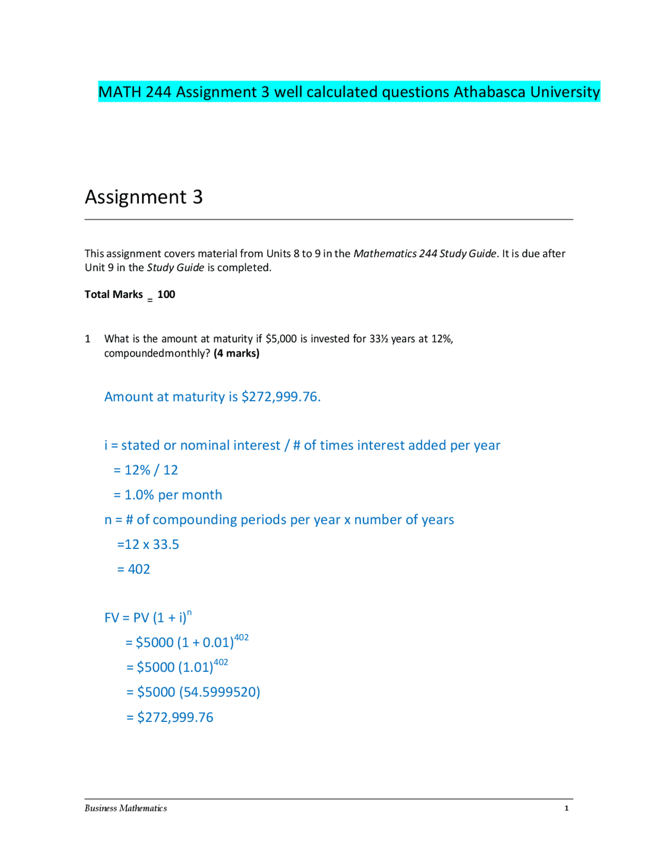 Math 244 Assignment 3 Well Calculated Questions Athabasca University