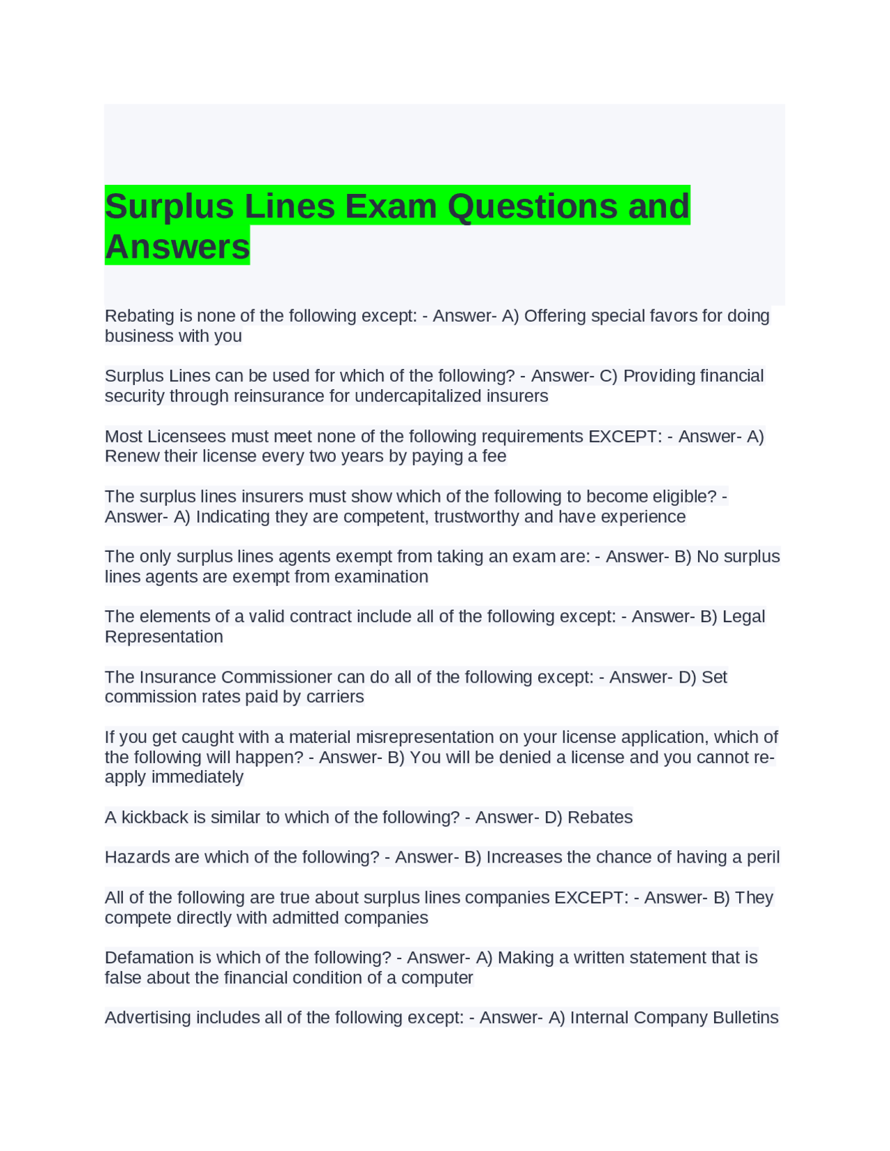 Surplus Lines Exam Questions and Answers | Exams Advanced Education | Docsity