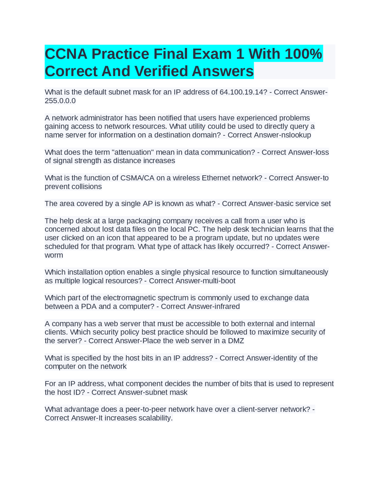 CCNA Practice Final Exam 1 With 100% Correct And Verified Answers ...