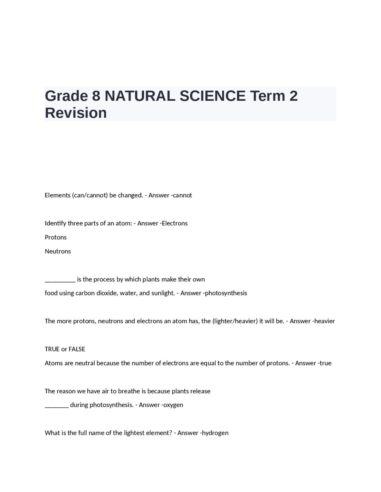 Grade 8 NATURAL SCIENCE Term 2 Revision Questions and Answers | Exams ...