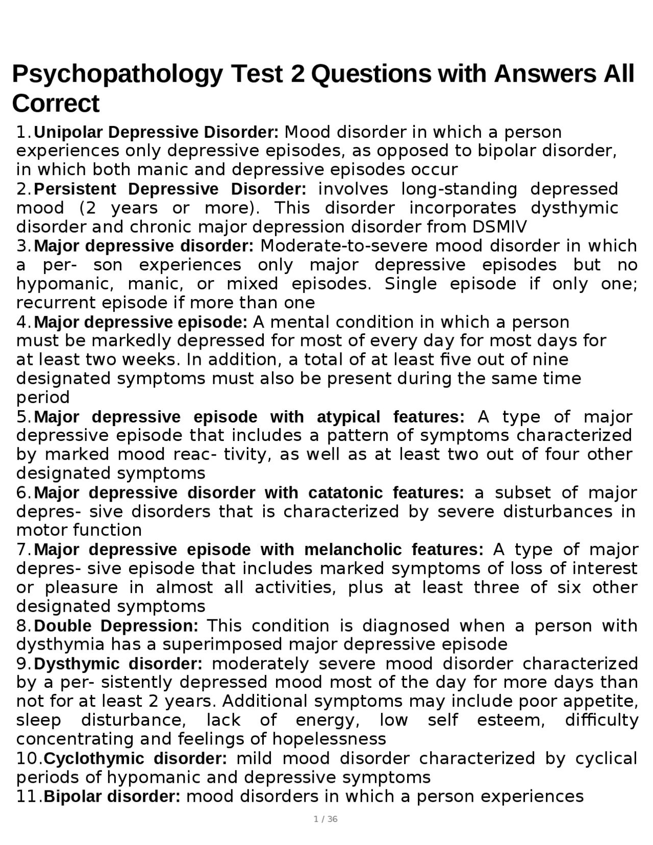 Psychopathology Test 2 Questions with Answers All Correct | Exams ...