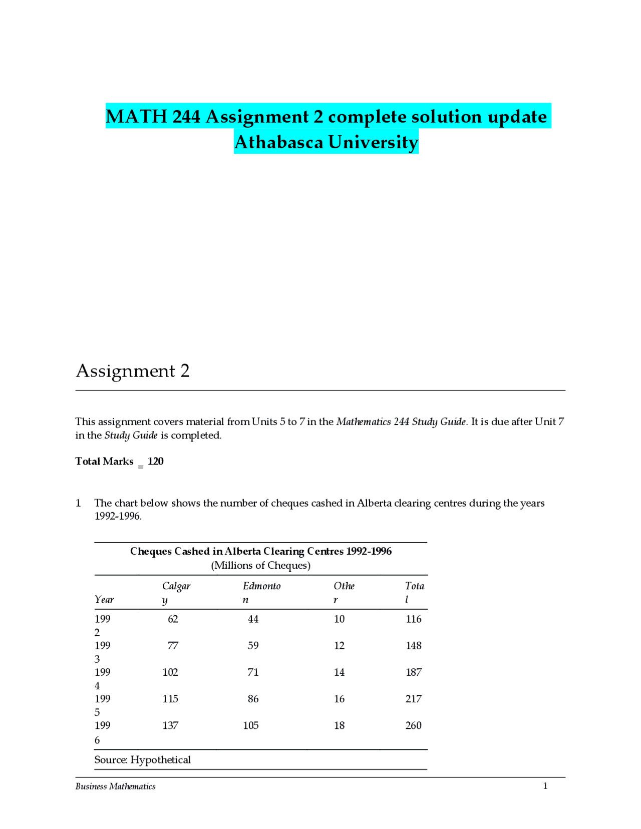 MATH 244 Assignment 2 complete solution update Athabasca University ...