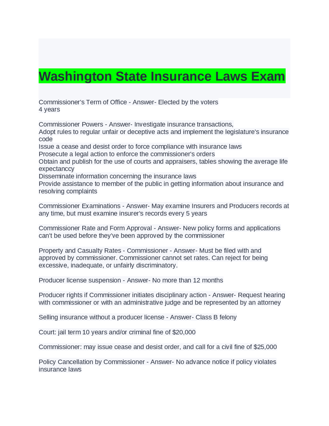 Washington State Insurance Laws Exam with correct Answers | Exams ...