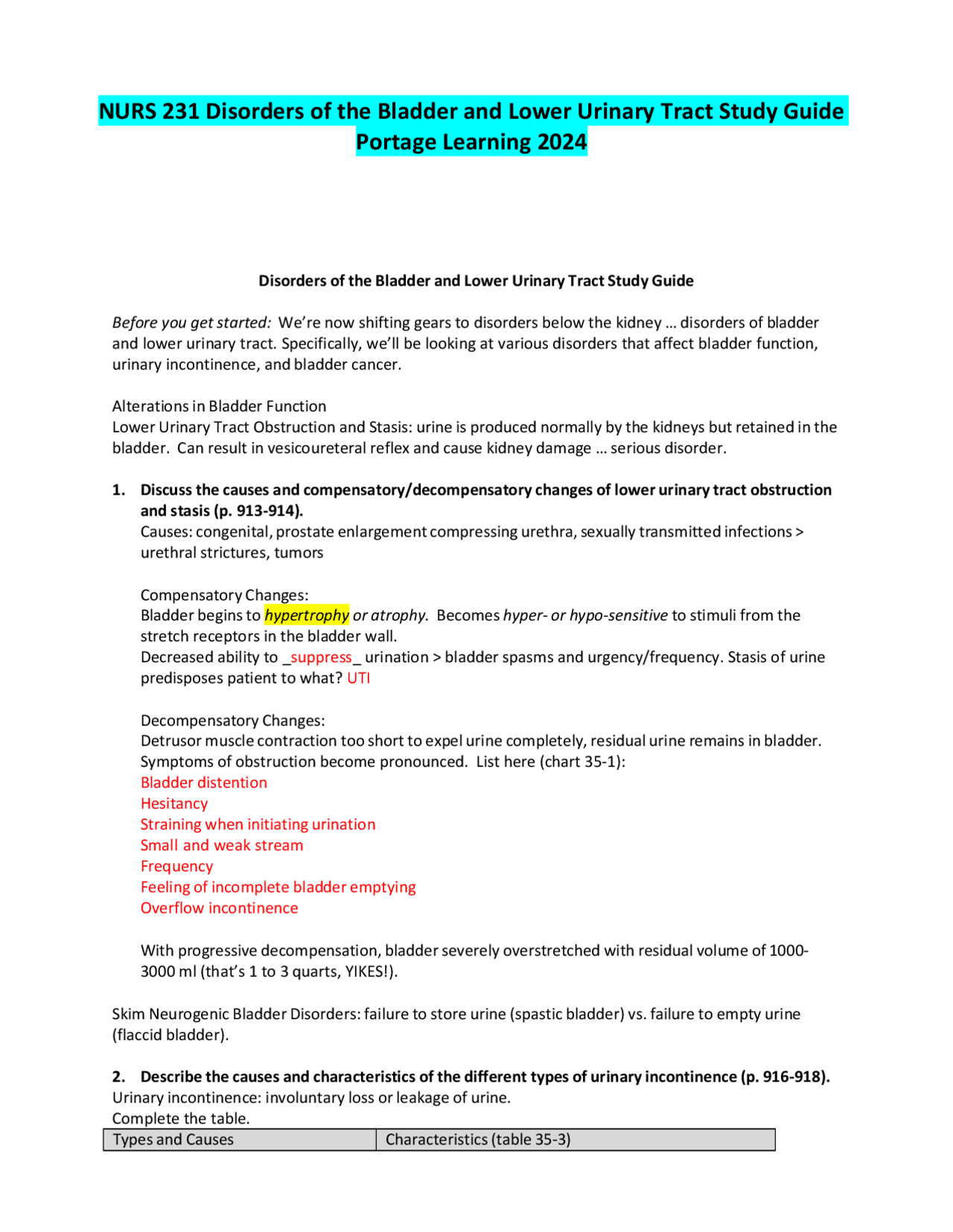 Disorders of the Bladder and Lower Urinary Tract | Exams Nursing | Docsity