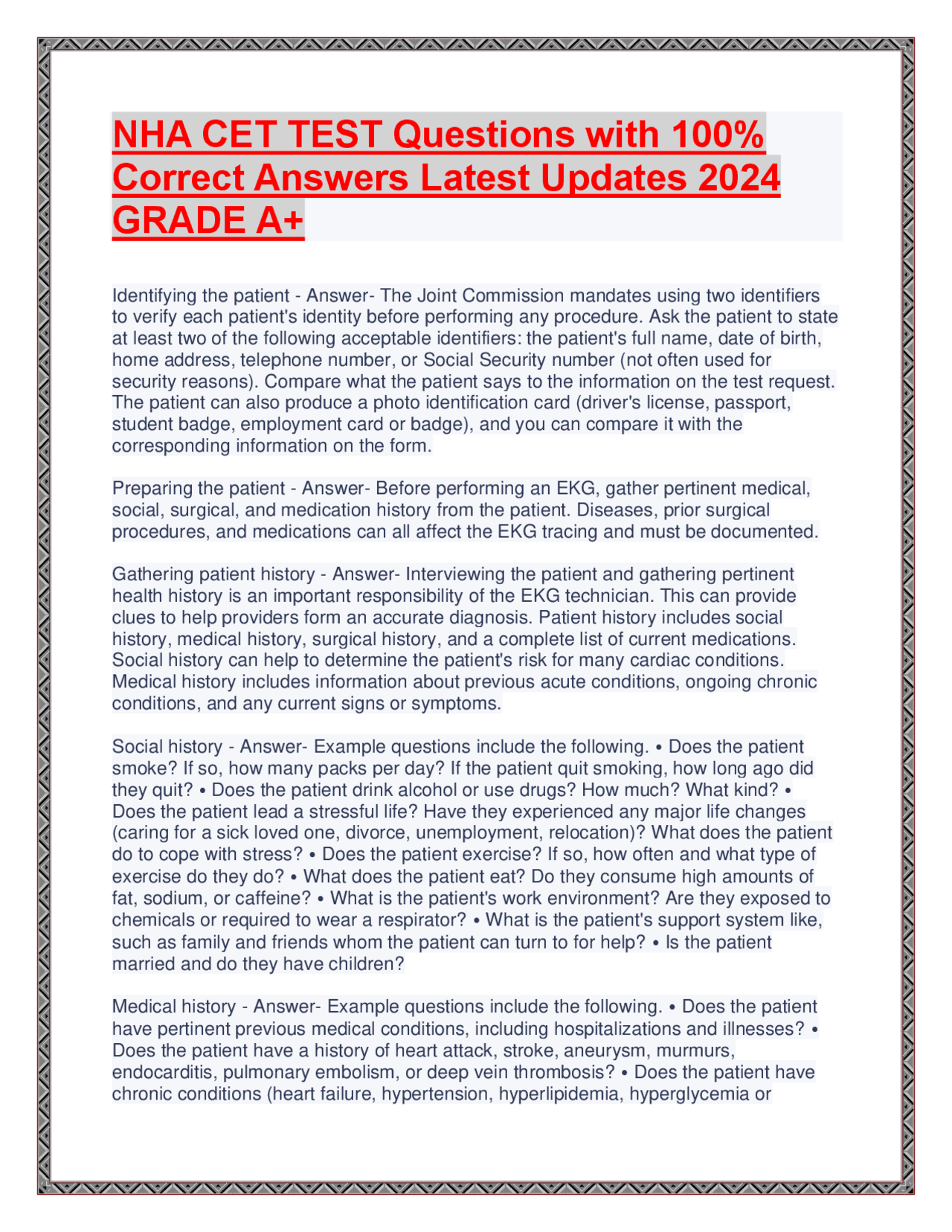 NHA CET TEST Questions with 100% Correct Answers Latest Updates 2024 ...