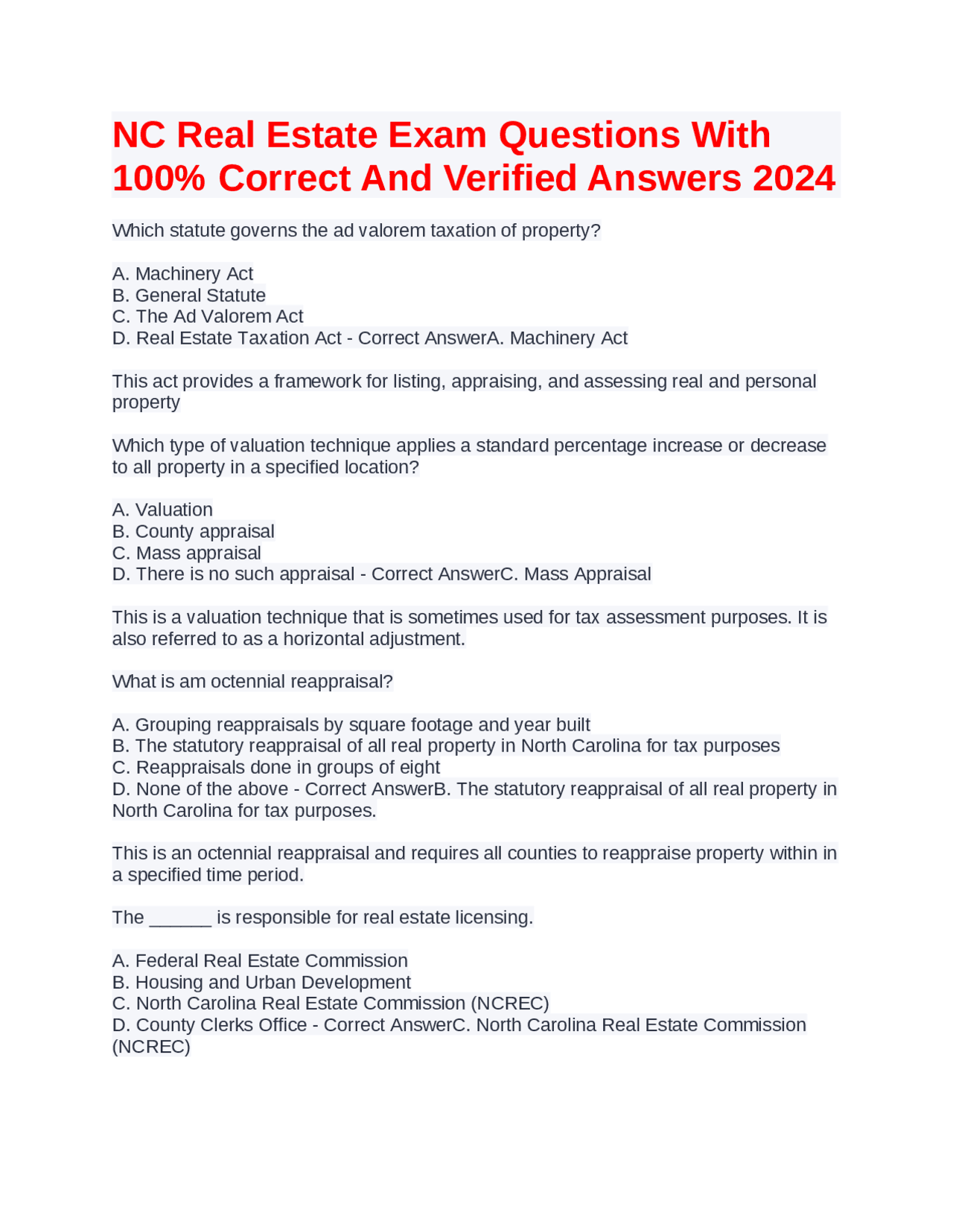 North Carolina Real Estate Exam Questions and Answers | Exams Advanced ...