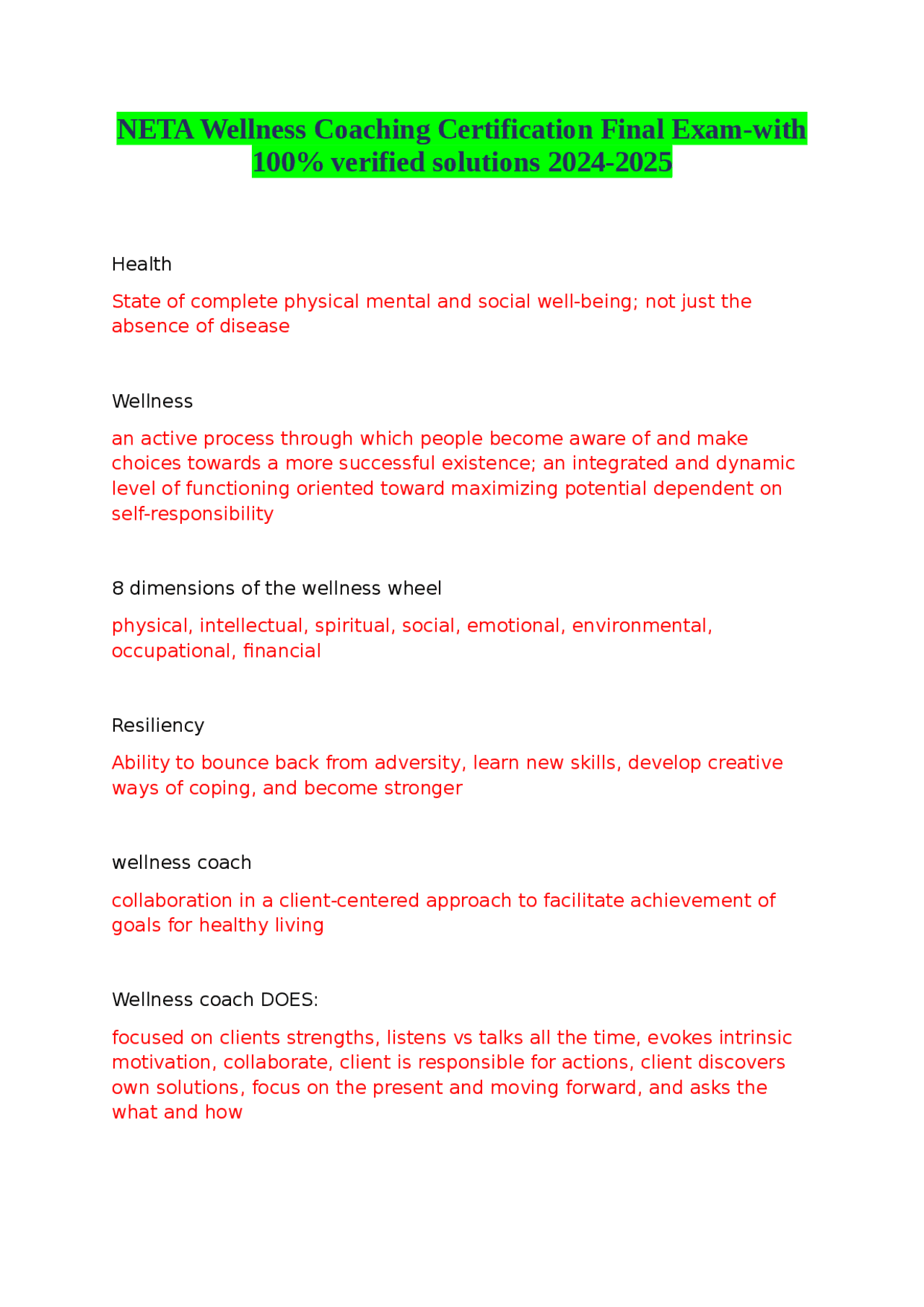NETA Wellness Coaching Certification Final Exam-with 100% verified ...