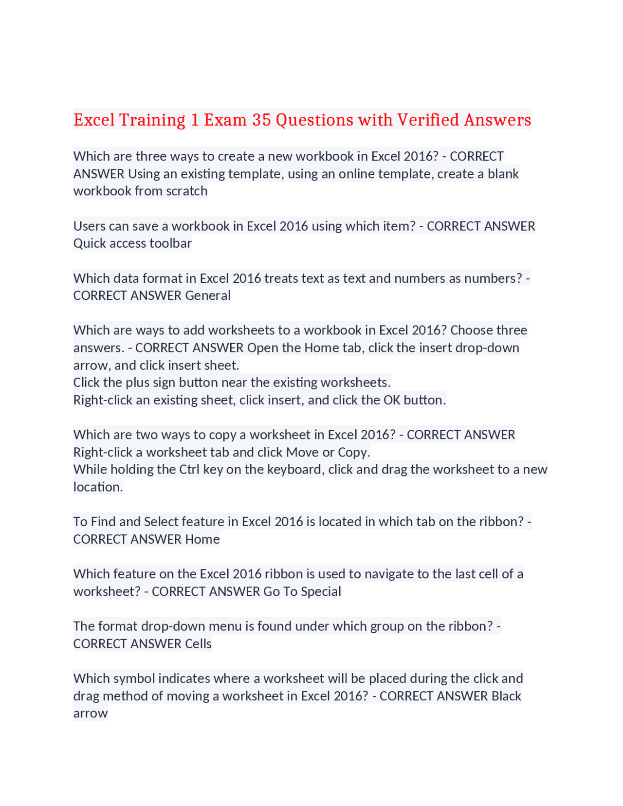 Excel Training 1 Exam 35 Questions with Verified Answers,100% CORRECT | Exams MS Microsoft Excel ...