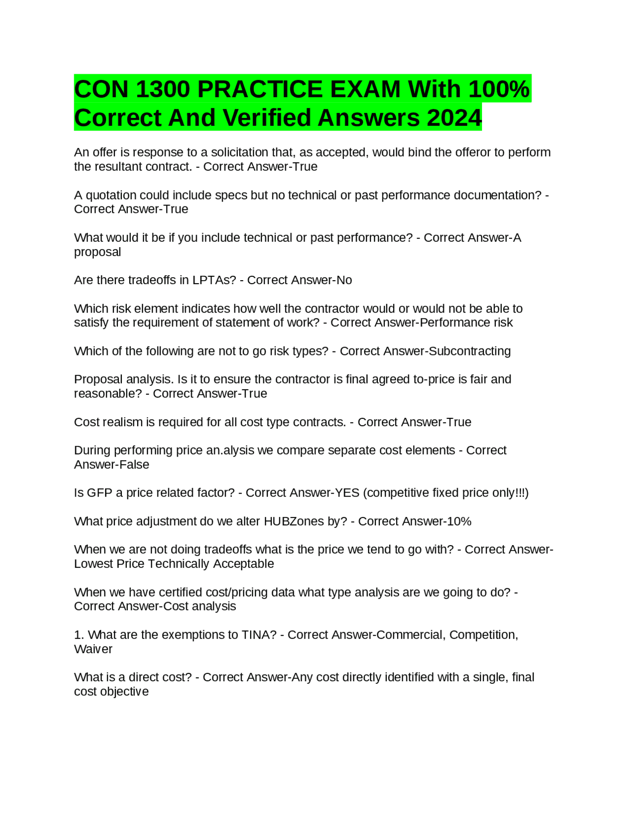 CON 1300 PRACTICE EXAM With 100% Correct And Verified Answers 2024 | Exams Advanced Education ...