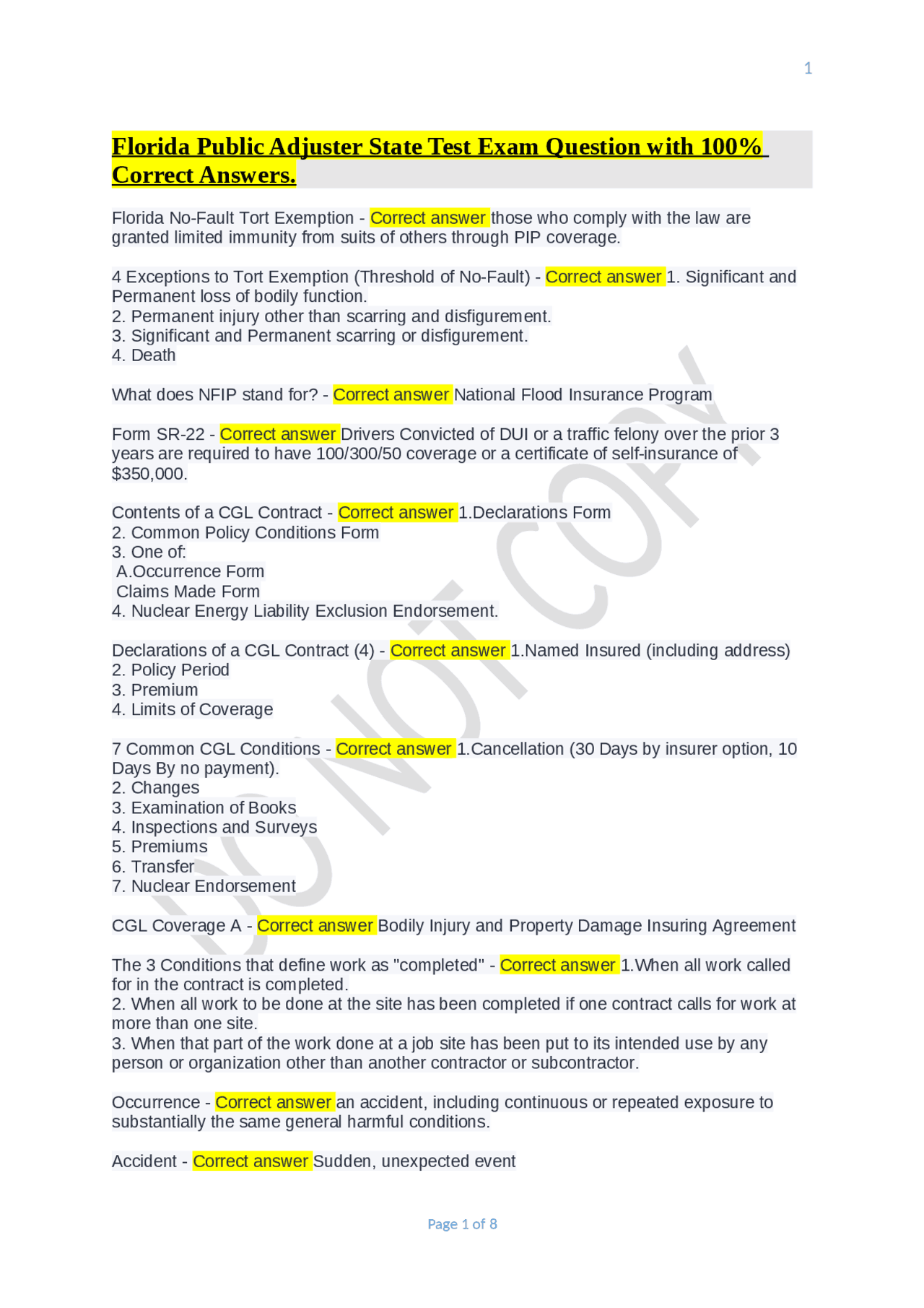 Florida Public Adjuster State Test Exam Questions and Answers | Exams ...