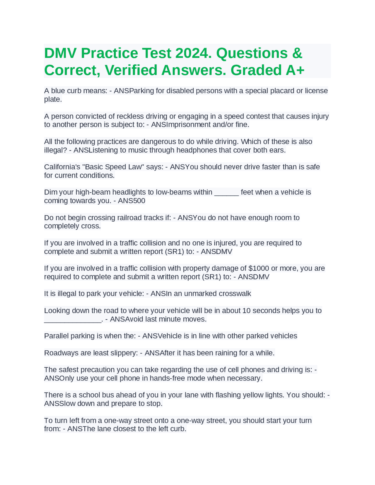 DMV Practice Test 2024: Comprehensive Guide to Driving Rules and ...