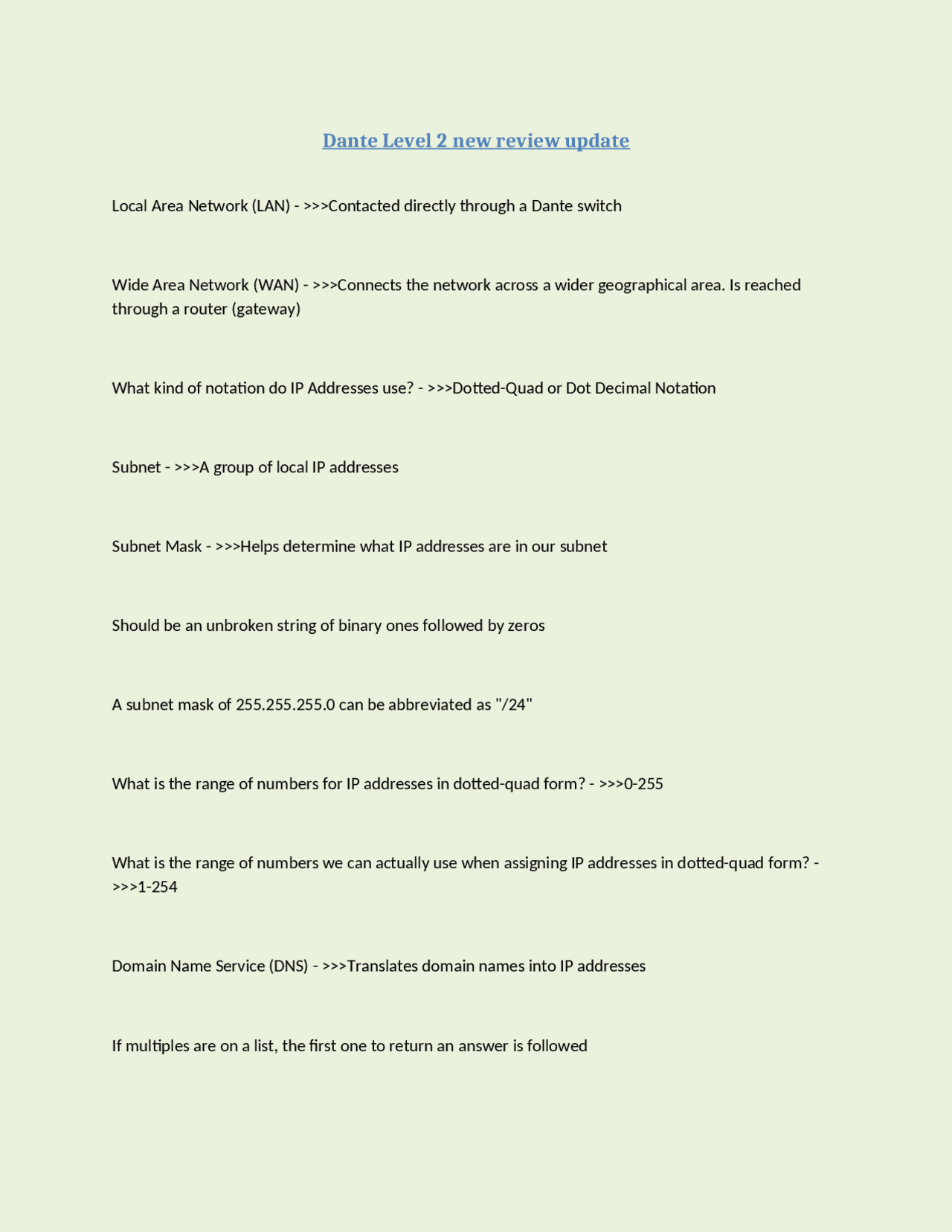 Dante Networking Fundamentals | Exams Computer Science | Docsity