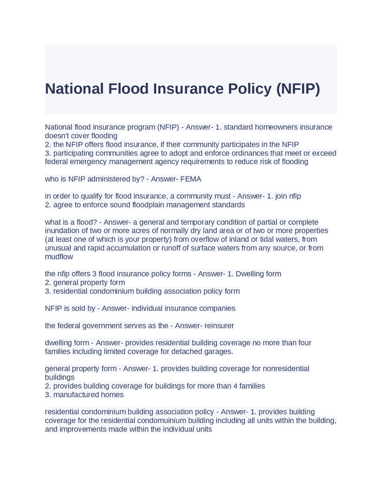 National Flood Insurance Policy (NFIP) | Exams Advanced Education | Docsity