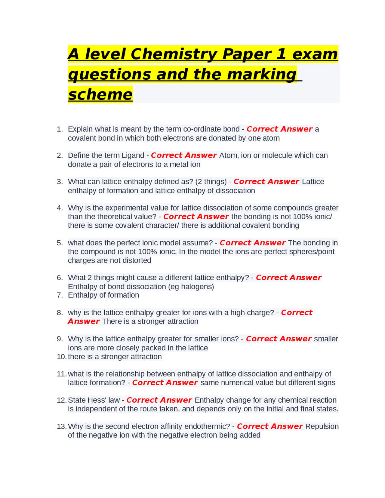 A Level Chemistry Paper 1 Exam Questions and Marking Scheme | Exams ...