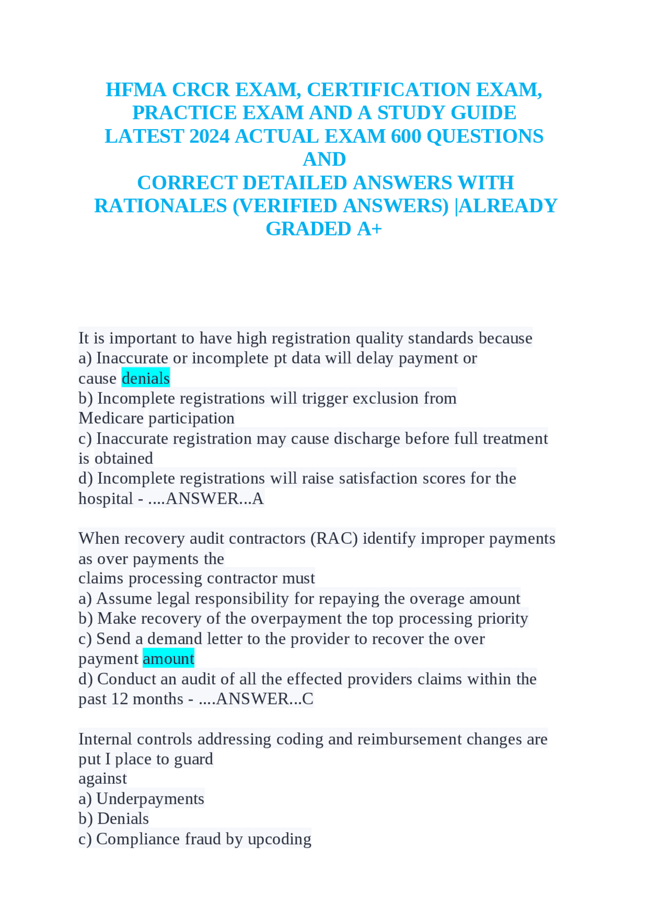 HFMA CRCR EXAM, CERTIFICATION EXAM, PRACTICE EXAM AND A STUDY GUIDE ...