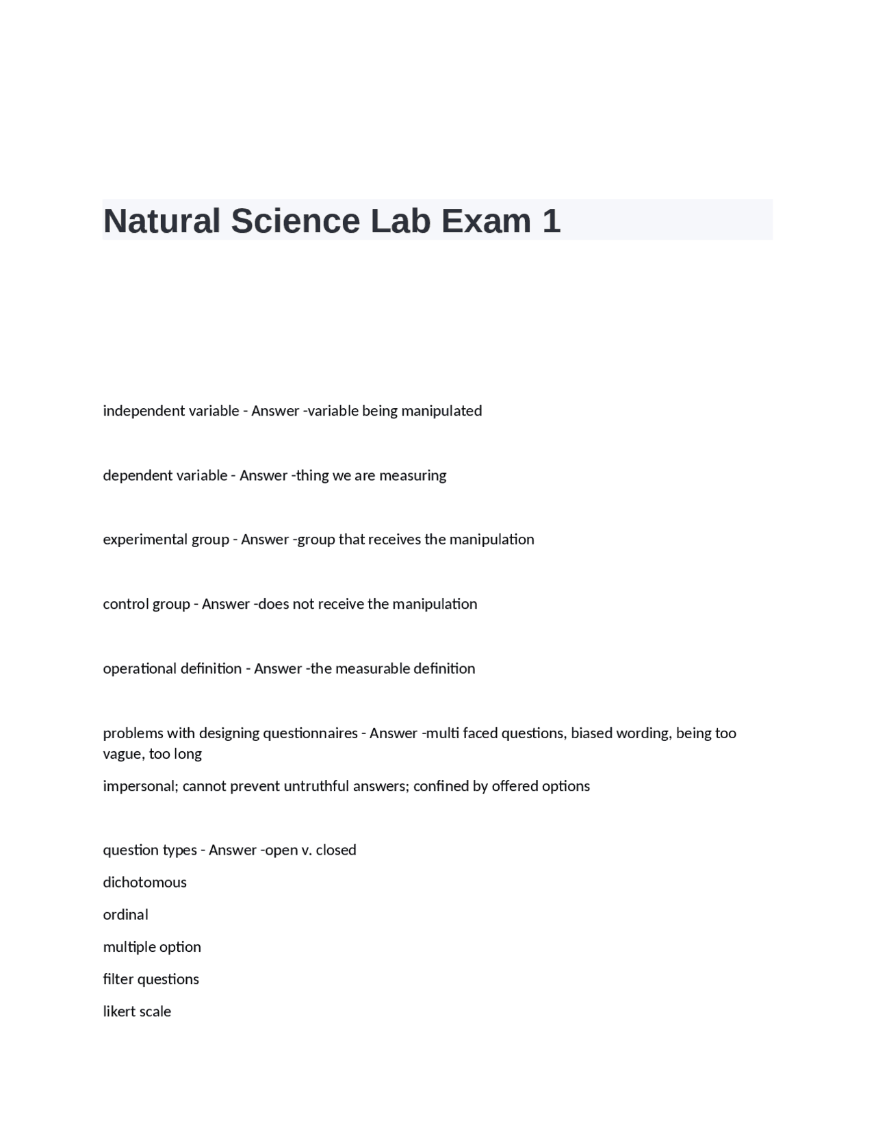 Natural Science Lab Exam 1 | Exams Natural Science | Docsity