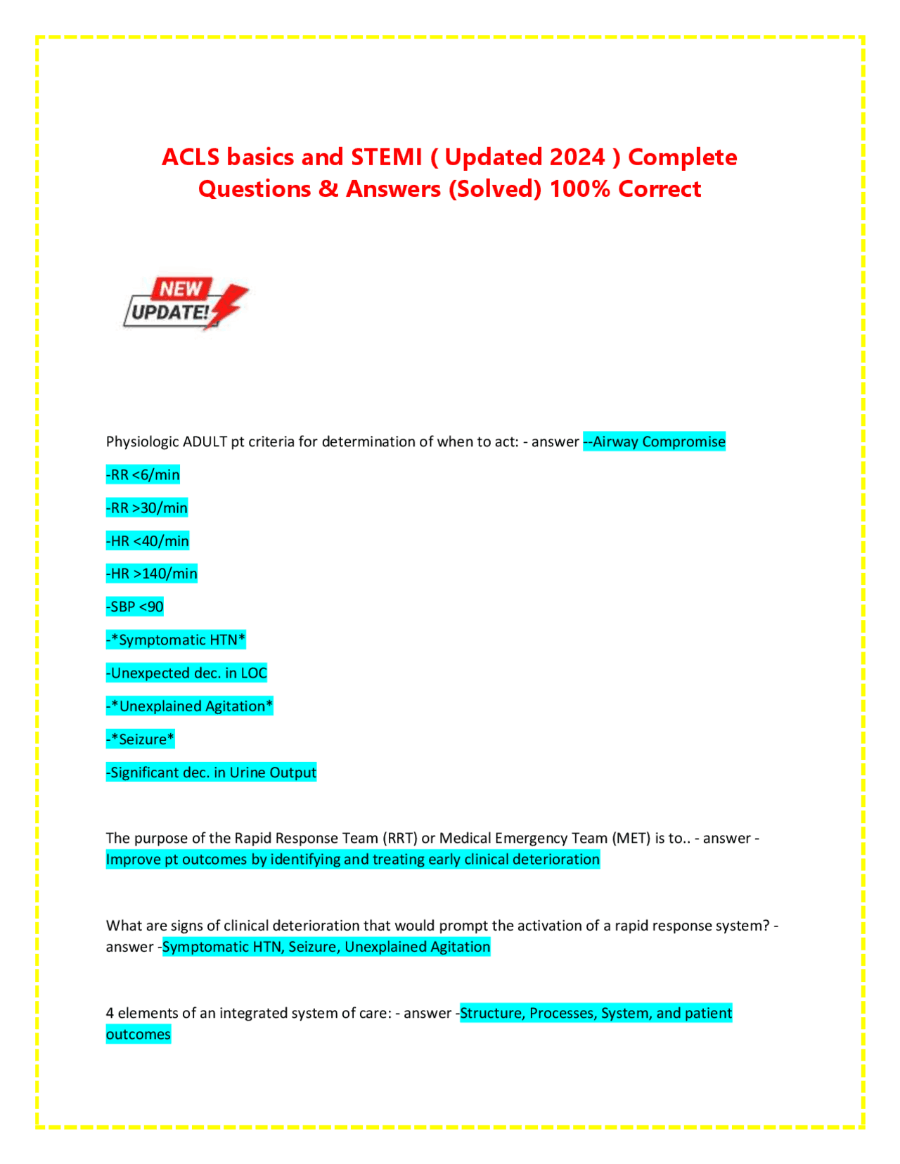 ACLS basics and STEMI ( Updated 2024 ) Complete Questions & Answers (Solved) 100% Correct ...