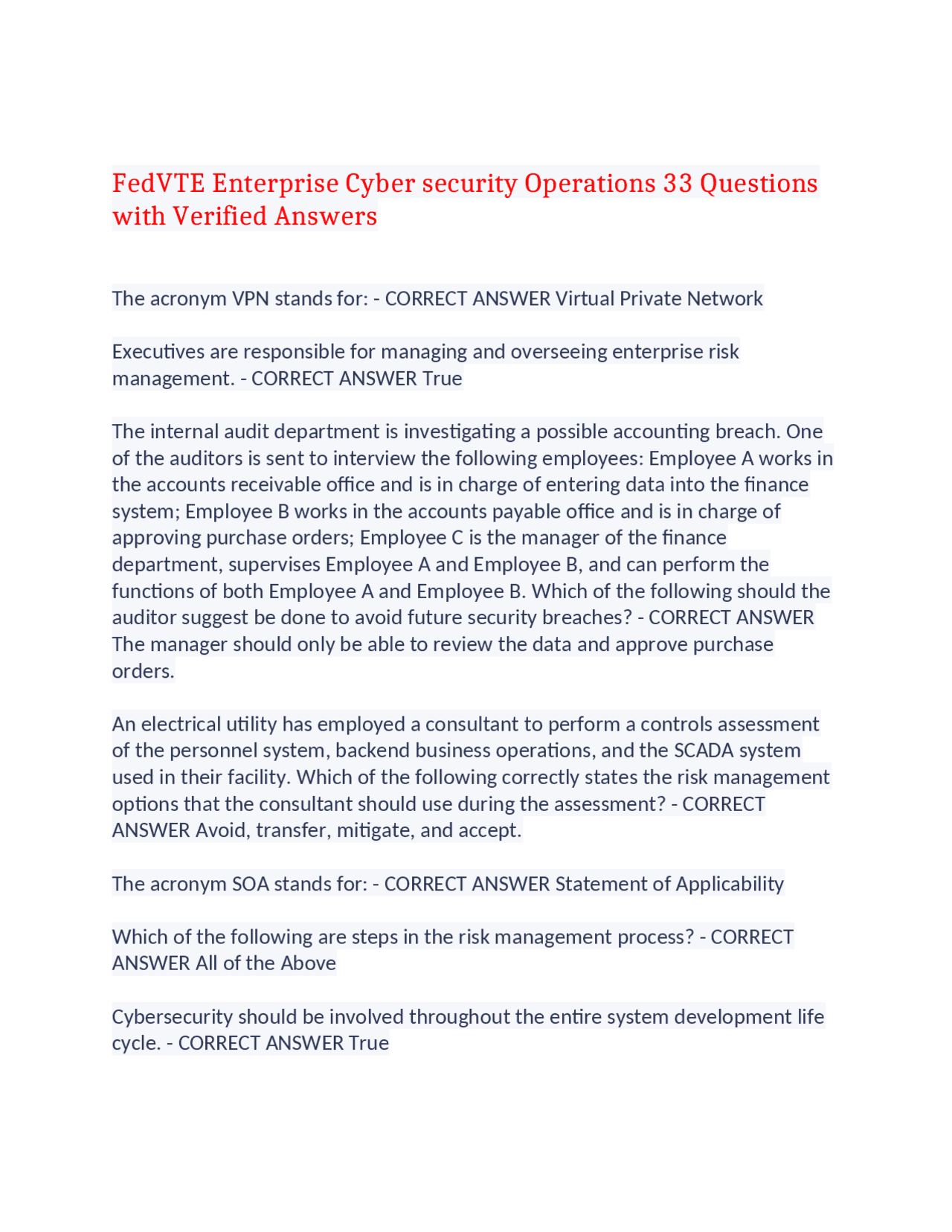 FedVTE Enterprise Cybersecurity Operations 33 Questions with Verified Answers | Exams Business ...