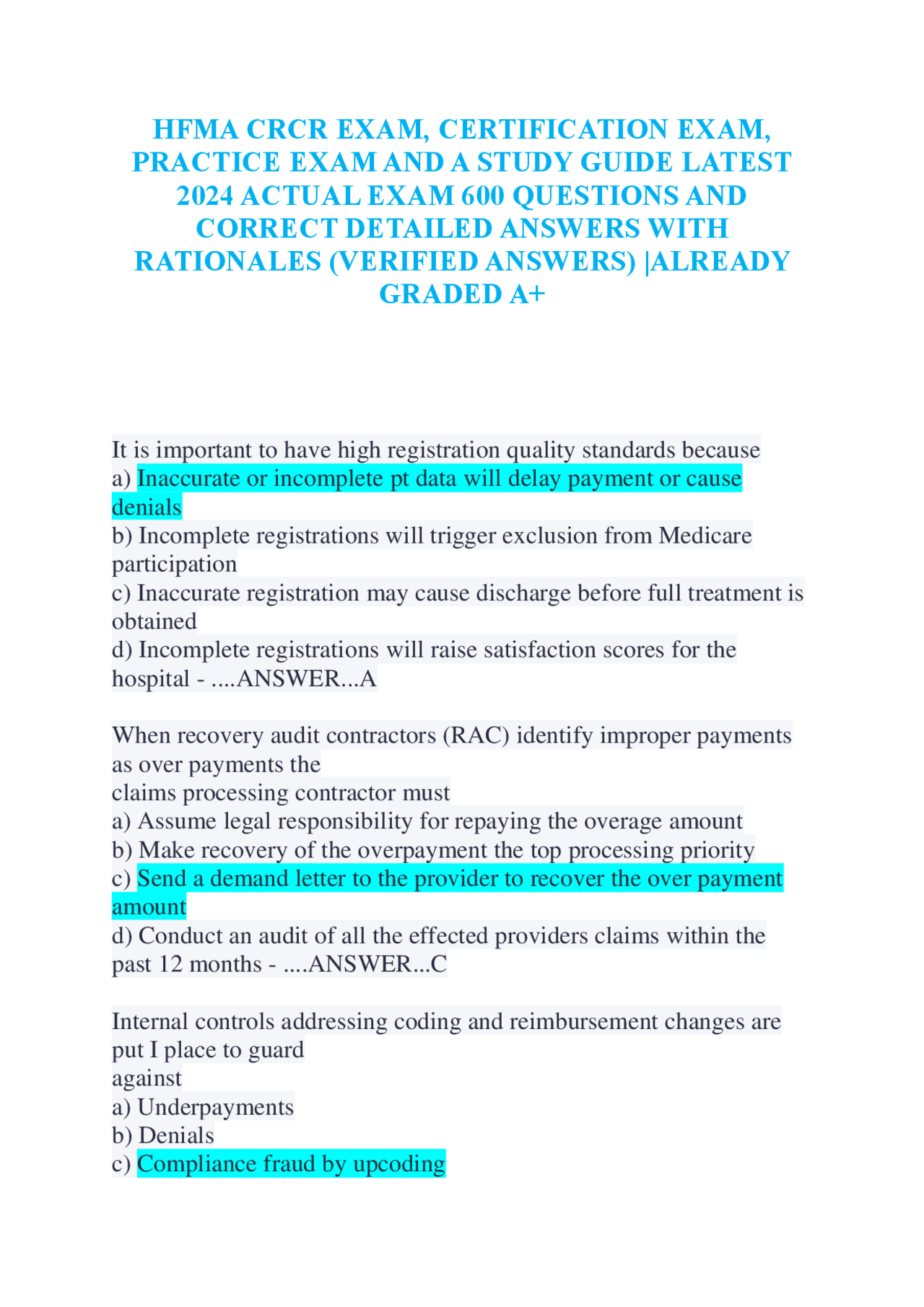 HFMA CRCR EXAM, CERTIFICATION EXAM, PRACTICE EXAM AND A STUDY GUIDE ...