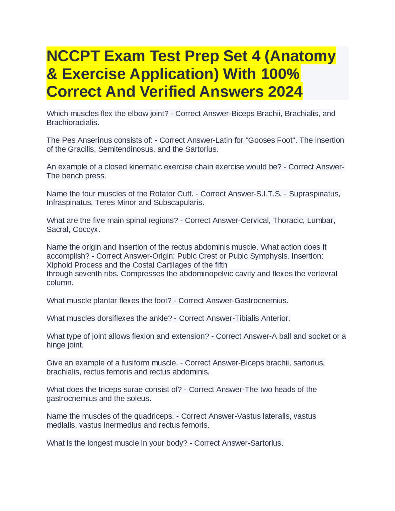 NCCPT Exam Test Prep Set 4 (Anatomy & Exercise Application) With 100% ...