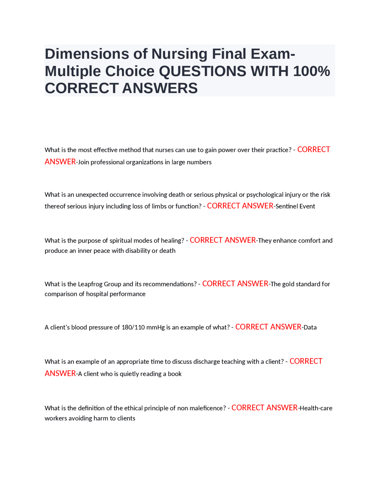 Dimensions of Nursing Final Exam | Exams Nursing | Docsity