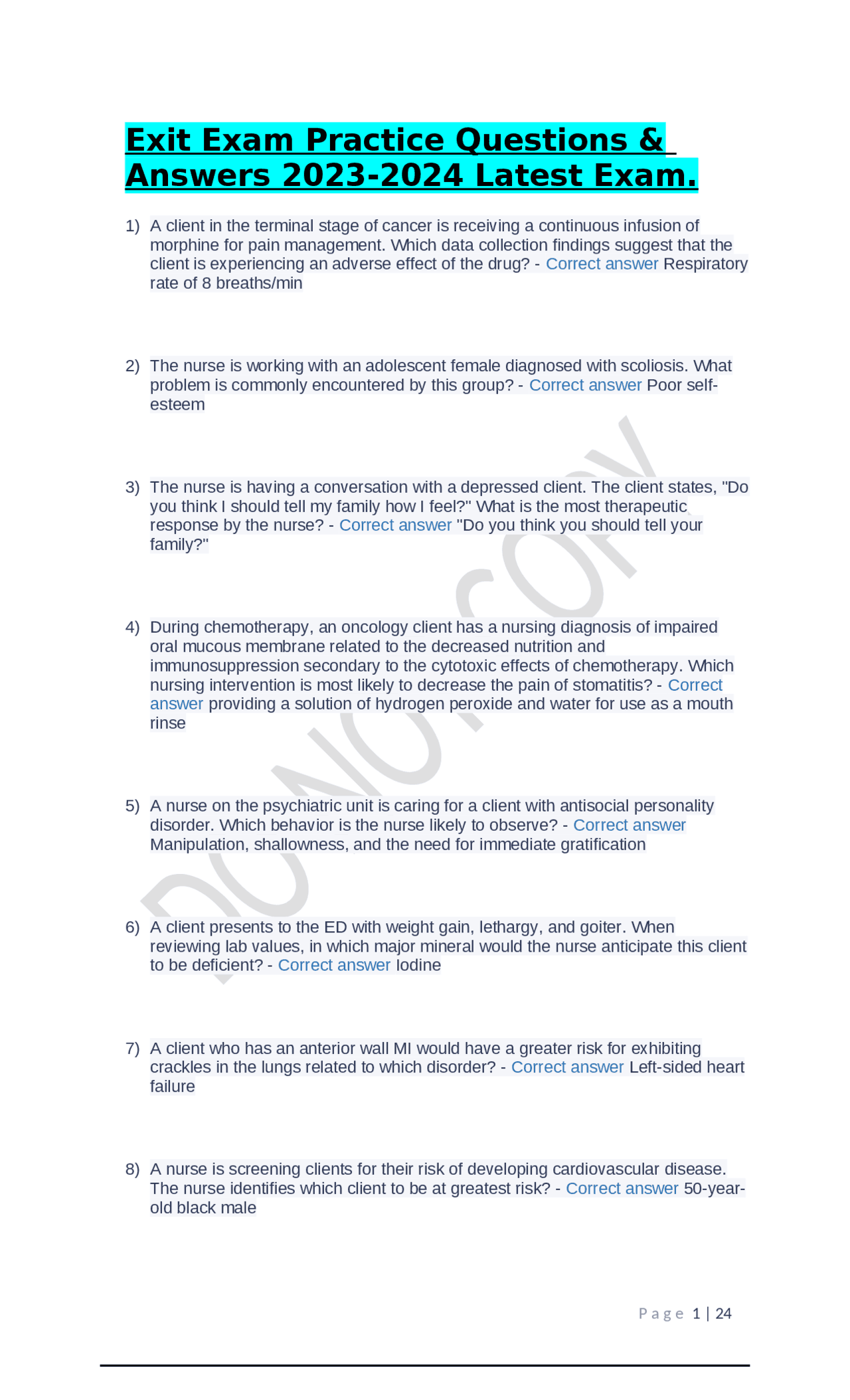 Exit Exam Practice Questions & Answers 2023-2024 Latest Exam. | Exams ...