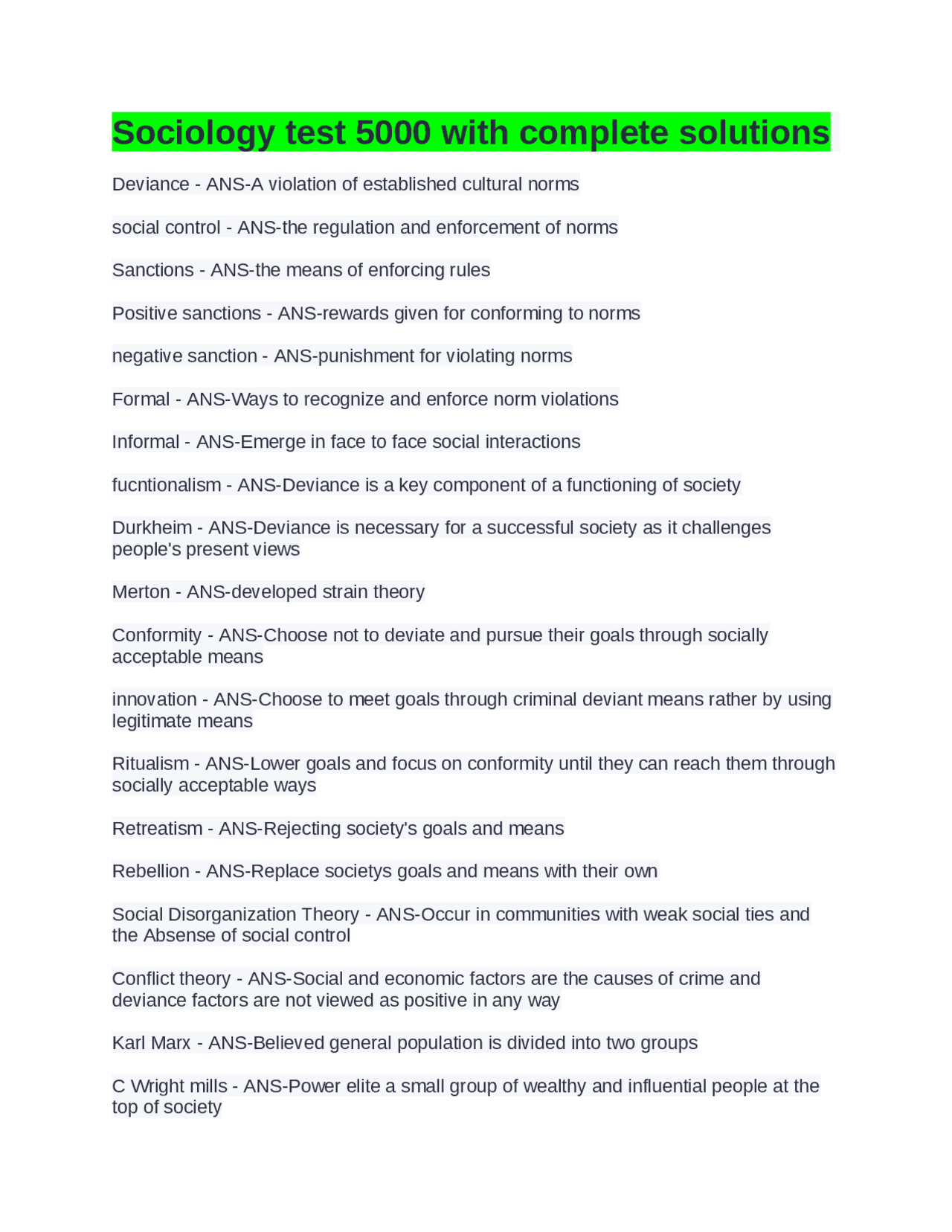Sociology test 5000 with complete solutions | Exams Sociology | Docsity