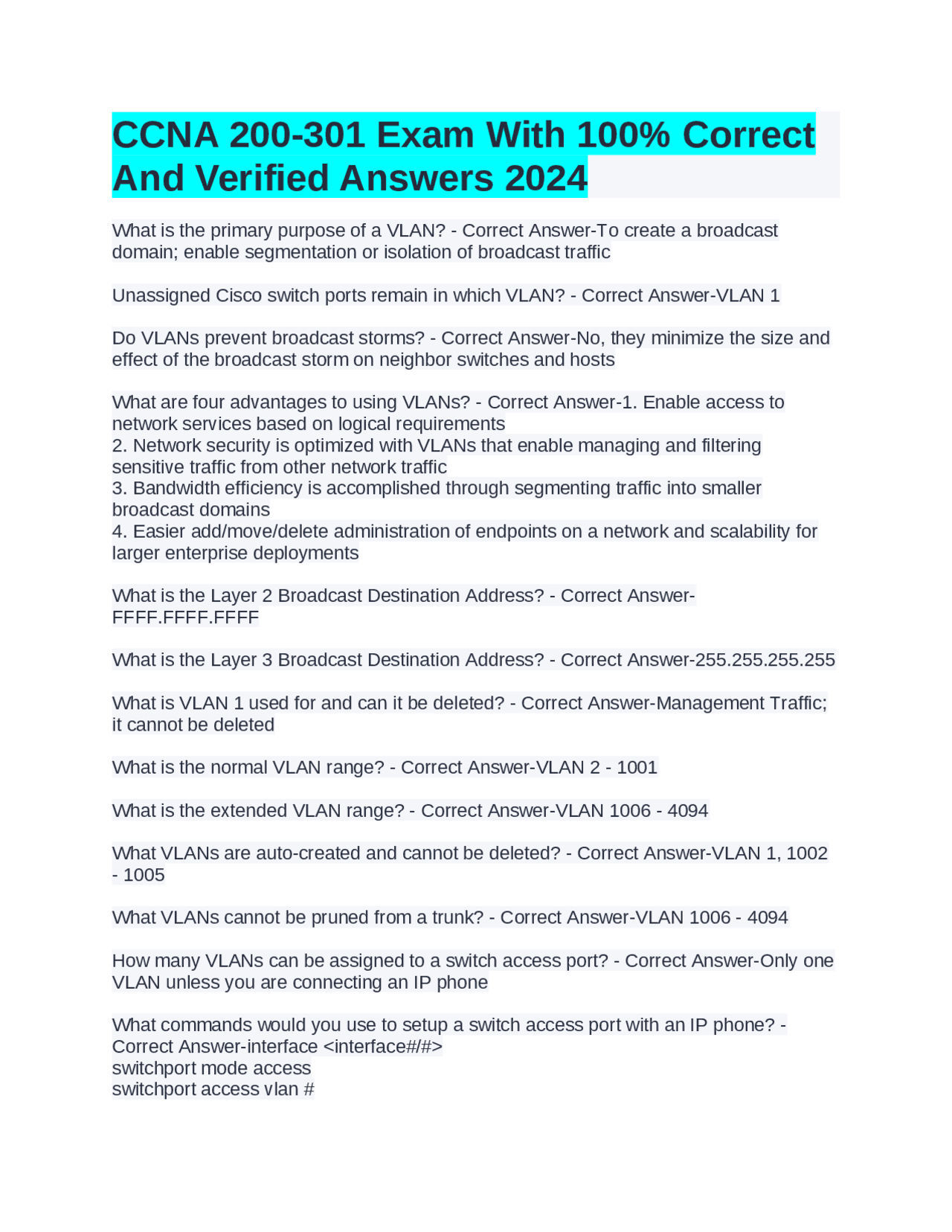 Cisco Switch Configuration and Concepts | Exams Advanced Education | Docsity