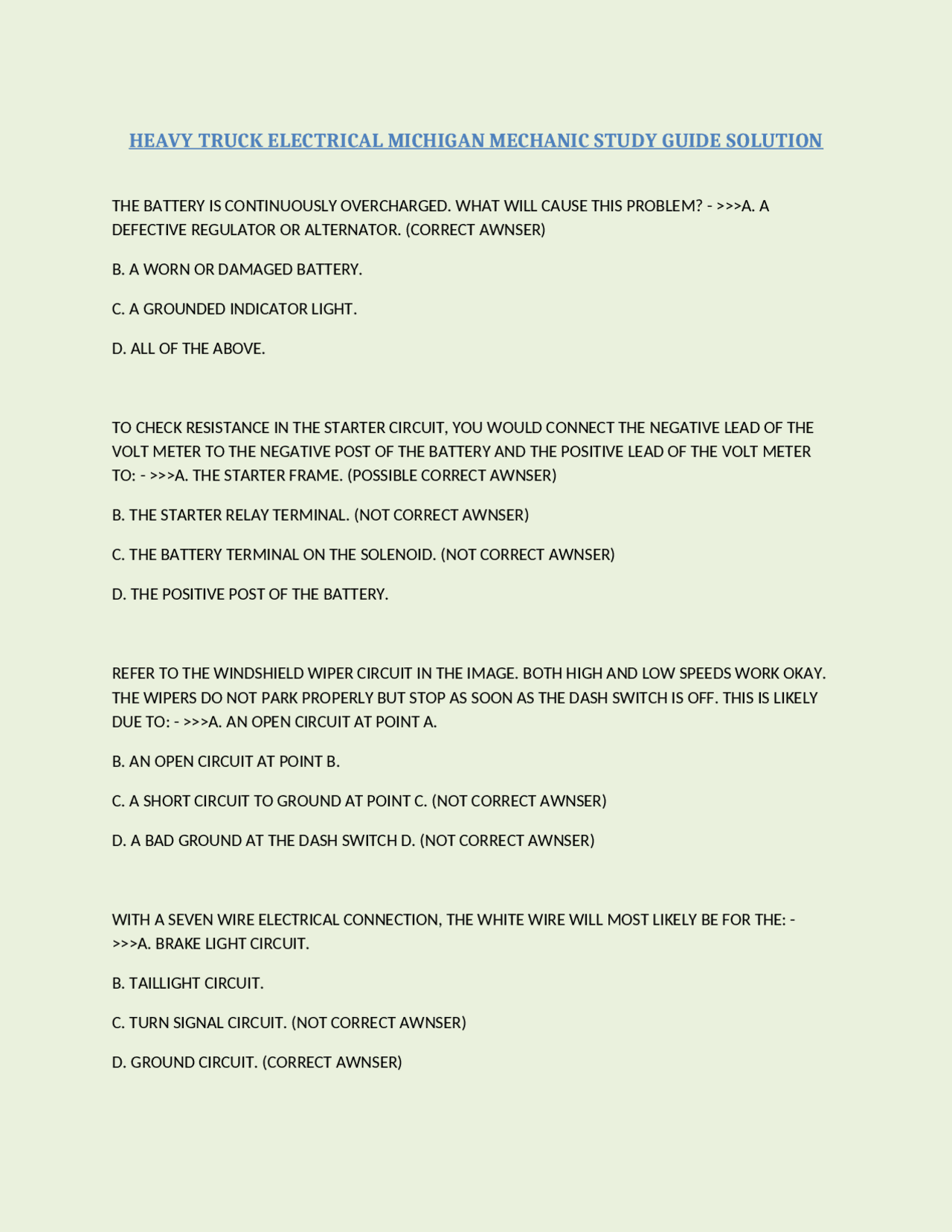 Heavy Truck Electrical Mechanic Study Guide | Exams Engineering | Docsity
