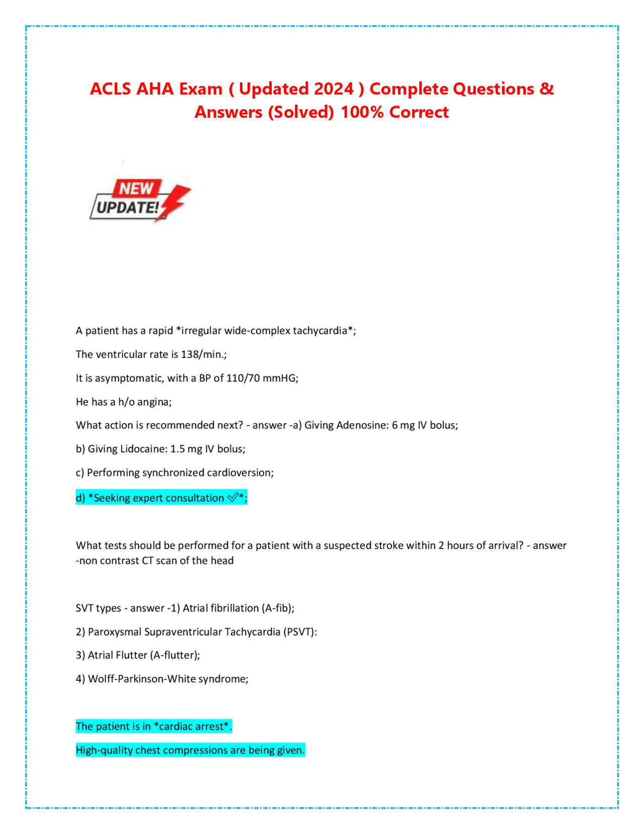 ACLS AHA Exam ( Updated 2024 ) Complete Questions & Answers (Solved ...