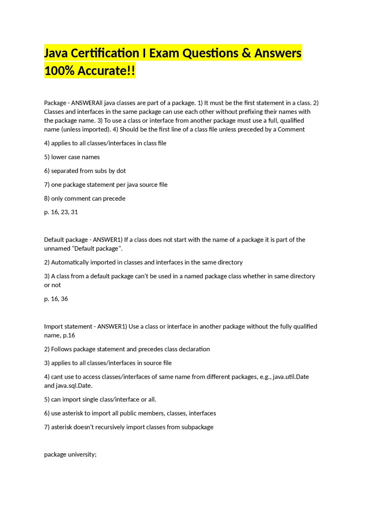 Java Certification I Exam Questions And Answers 100 Accurate Exams Java Programming Docsity