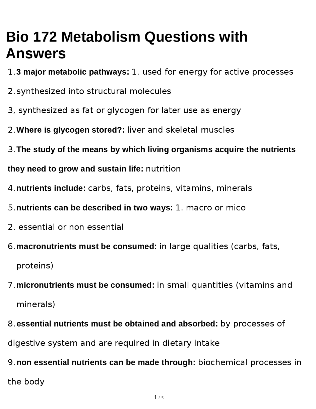 Bio 172 Metabolism Questions with Answers | Exams Metabolic Nutrition ...
