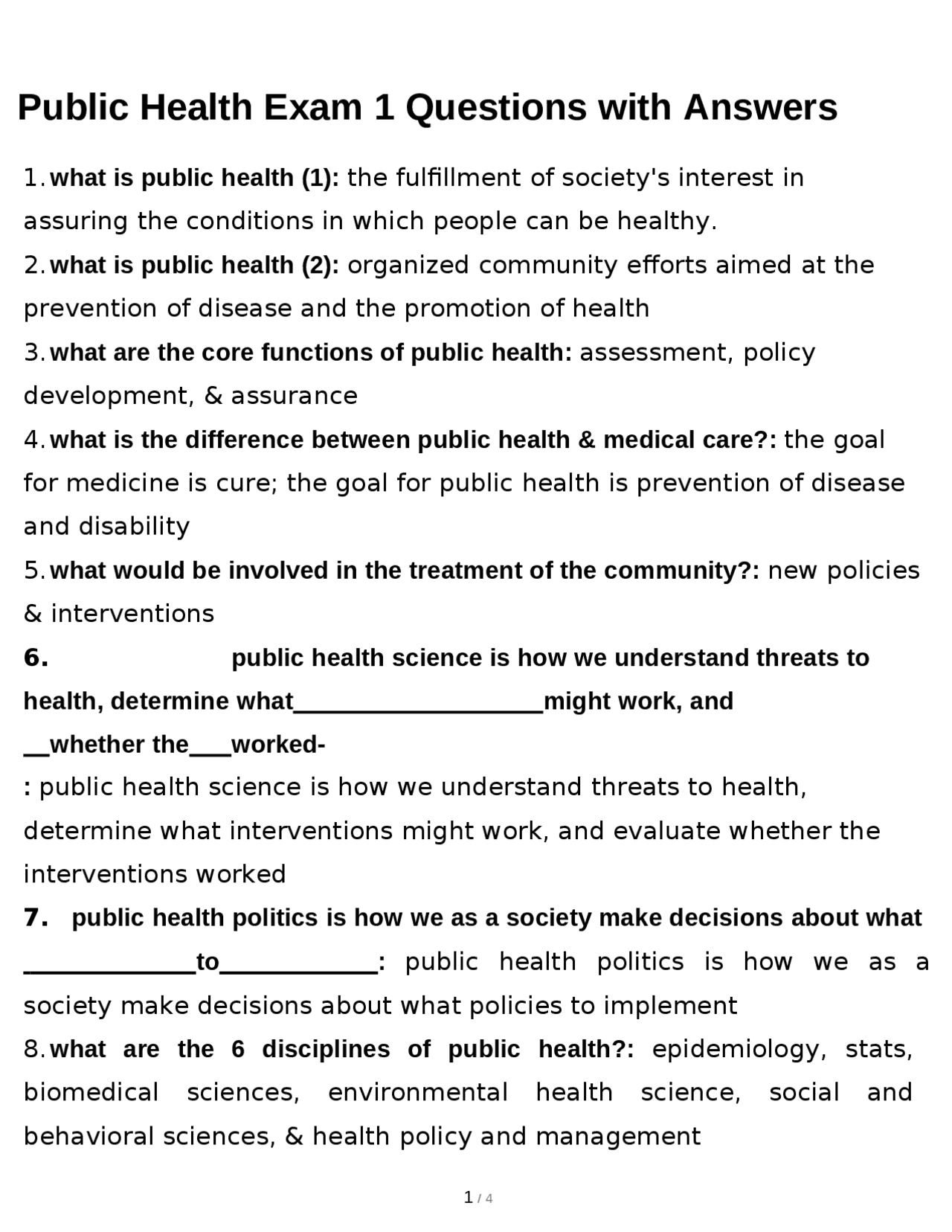 Public Health Exam 1 Questions with Answers | Exams Public Health | Docsity