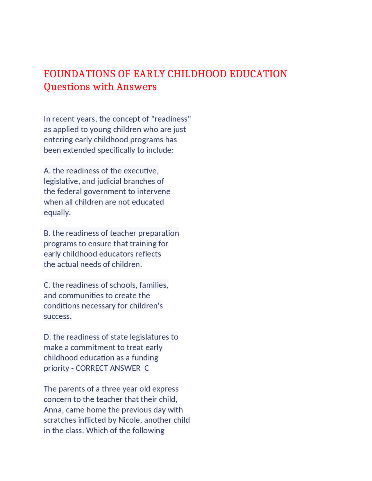 FOUNDATIONS OF EARLY CHILDHOOD EDUCATION Questions with Answers,100% ...