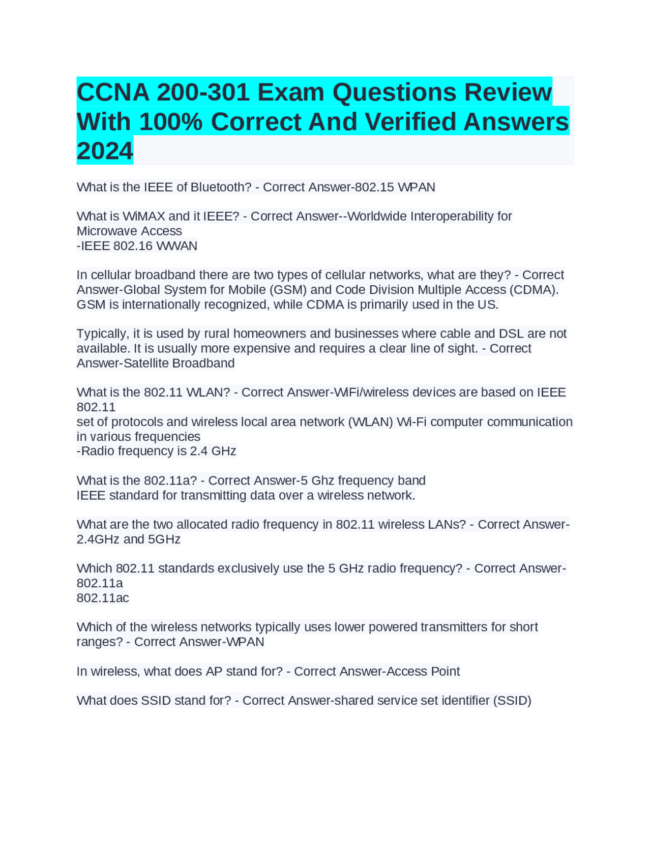 CCNA 200-301 Exam Questions Review With 100% Correct And Verified Answers 2024 | Exams Advanced ...